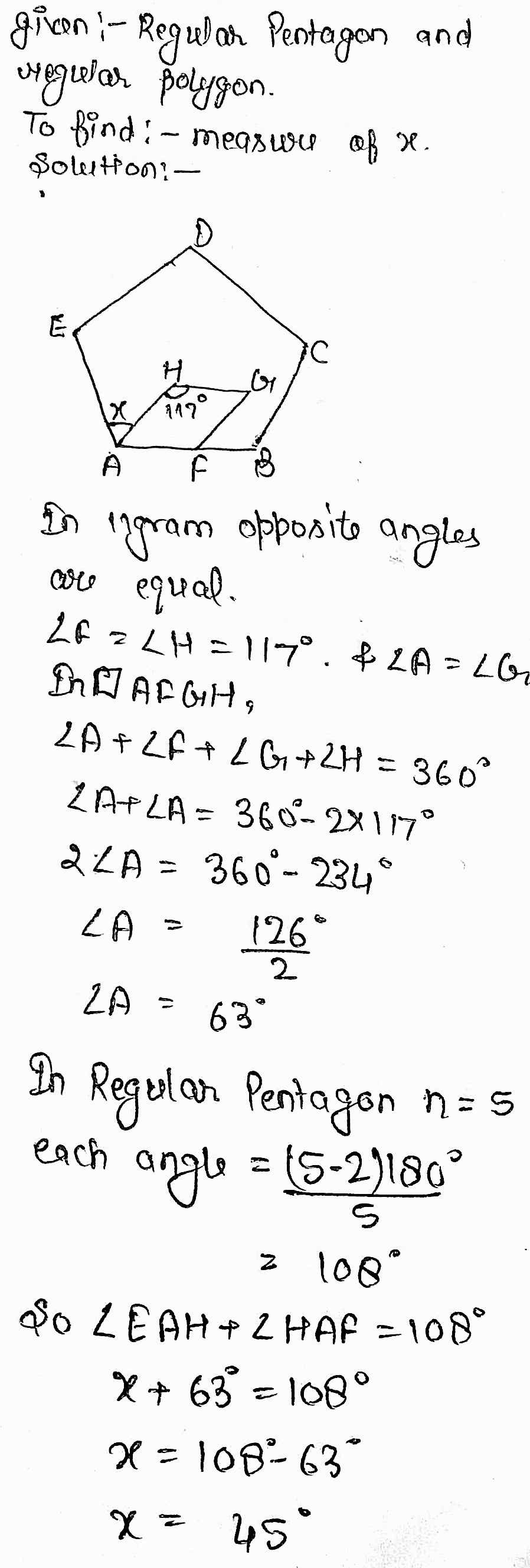 Solved: The diagram shows a regular pentagon and a parallelogram. Work ...
