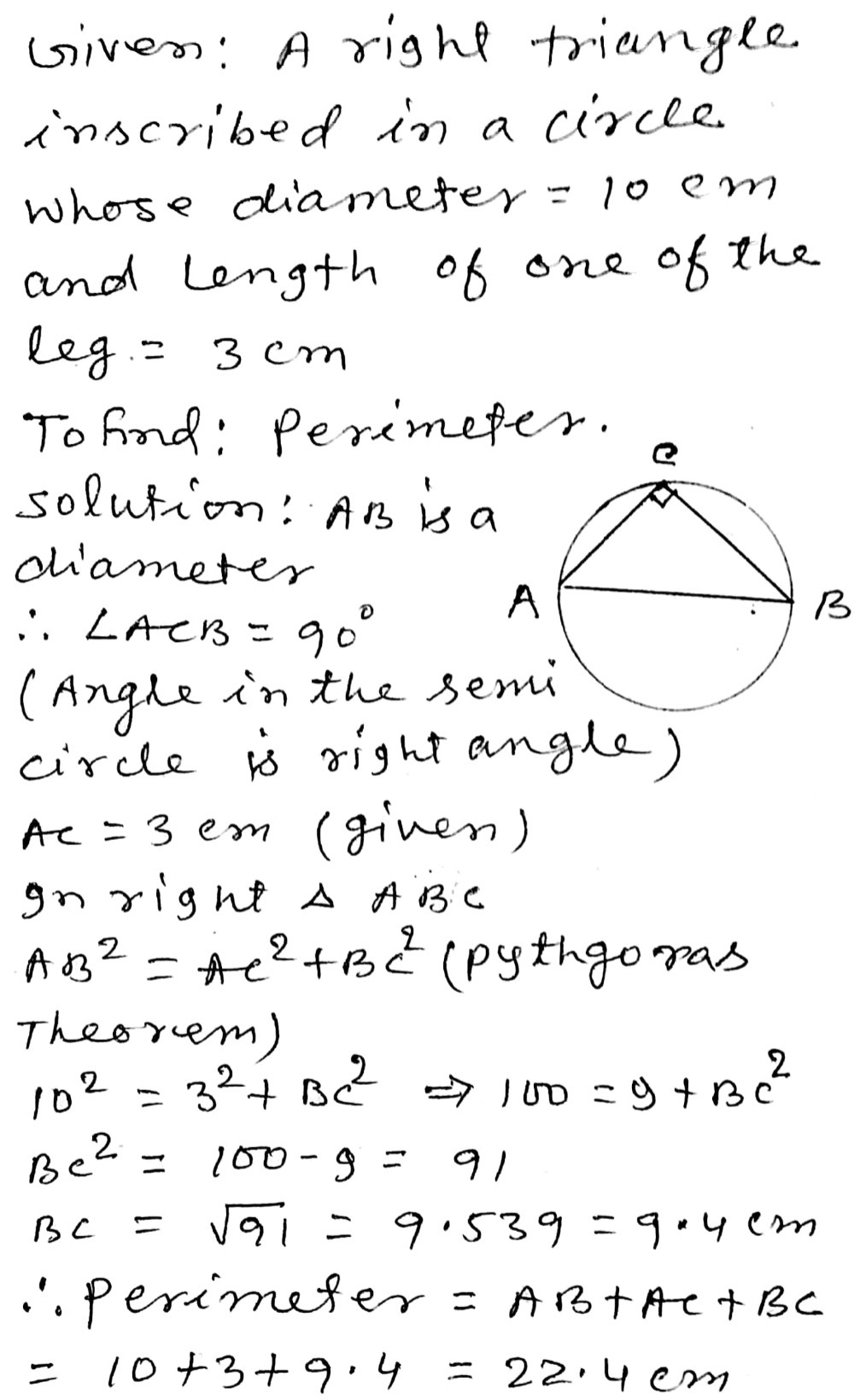 Solved: A right triangle is inscribed in a circle whose diameter is 10 ...