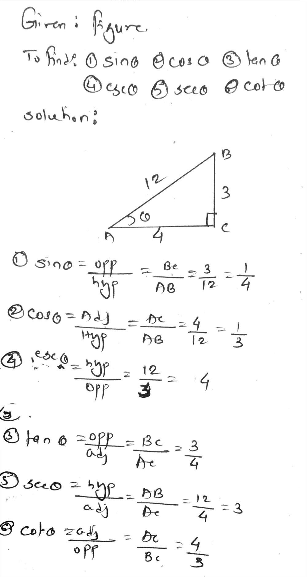 Solved: frac sin θ = opp/hyp cos θ =frac ad_1byp tan θ =underline opp ...