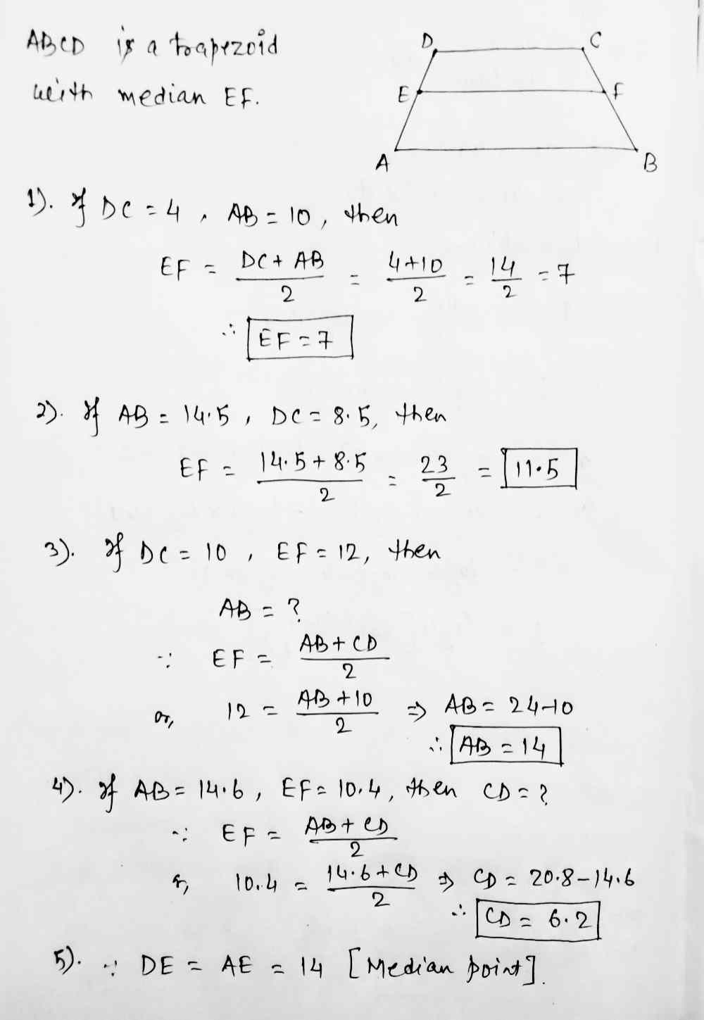 Solved: ABCD is a trapezoid with median EF. 1. If DC=4 and AB=10 , what ...