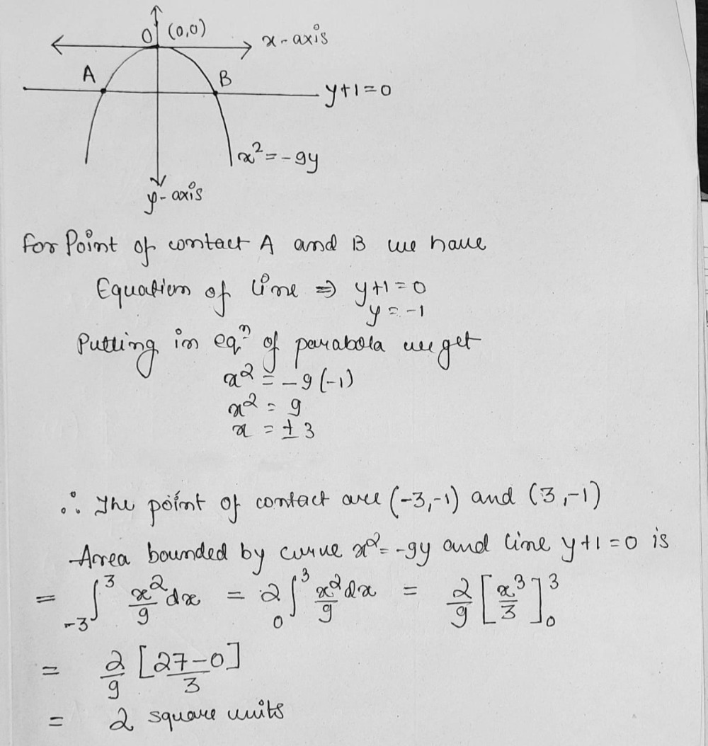 Solved: What is the area bounded by the curve x^2=-9y and the line y+1=0 ? [Calculus]
