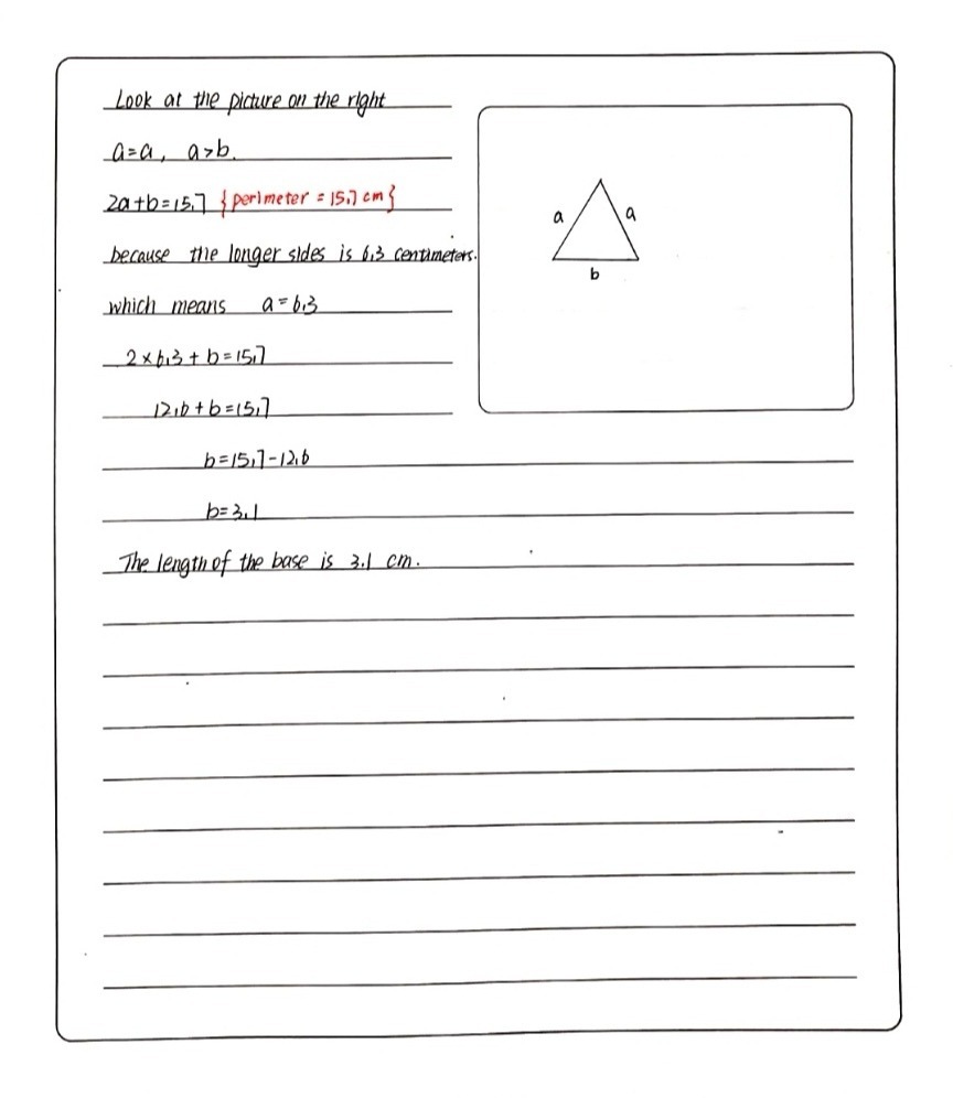 Solved: This isosceles triangle has two sides of equal length, a, that ...