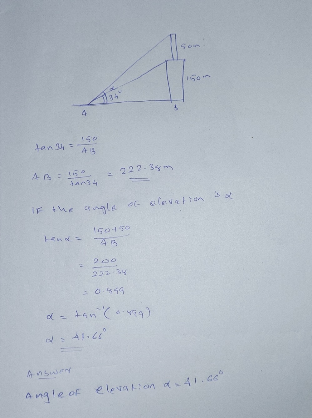 Solved: If the lighthouse is 50 m high, what is the angle of elevation ...