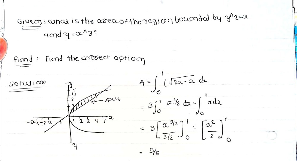 Solved: What is the area of the region bounded by y^(wedge)2=x and y=x^(wedge)3 ? 1/12 5/12 5/6 ...