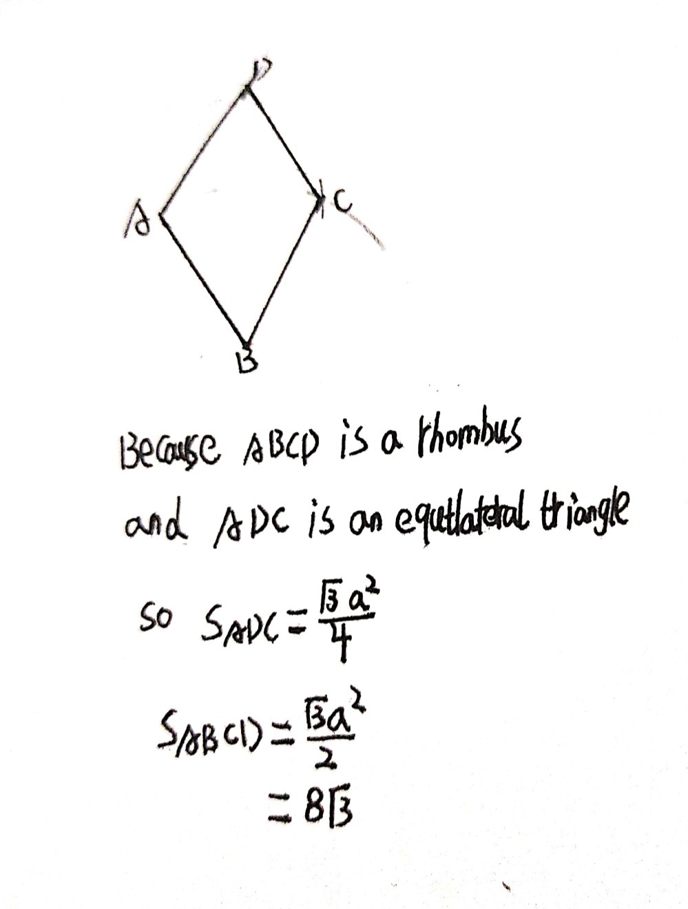 Solved: it ABCD is a rhombus. AC=-1 and ADC is an equilateral triangle, what is the area of the ...