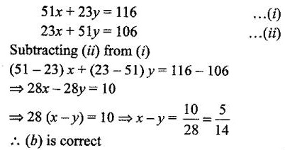 Solved: If 51x+23y=116 and 23x+51y=106 , then the value of (x-y) is (a ...