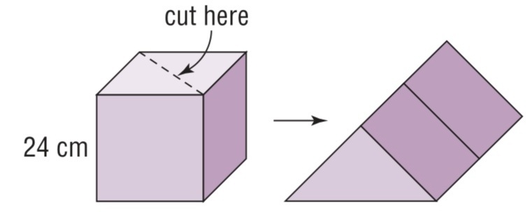 Solved: The cube is cut along a diagonal of one face to form two triangular prisms. These prisms ...