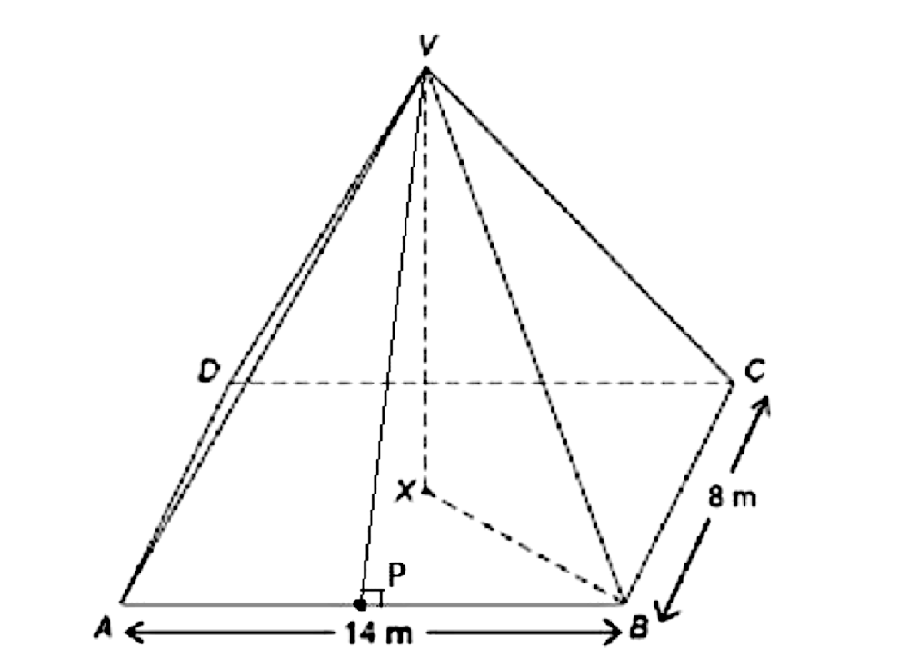 Solved: Below is a pyramid with rectangular base (8)m by (14)m. (V) is the vertex and the line ...
