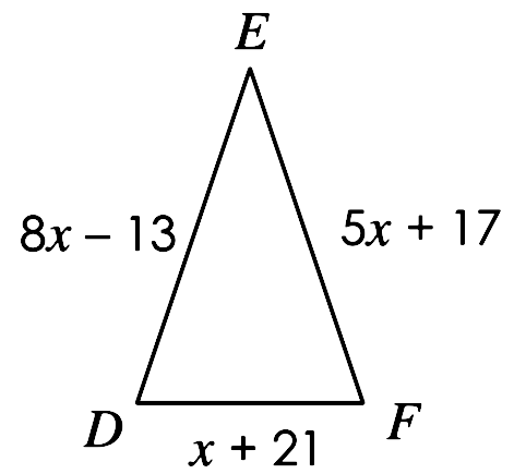 Solved: If ( DEF) is an isosceles triangle with (overline DE≌ overline EF), find (x ) and the me ...