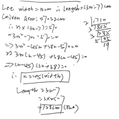 Solved: The length of a rectangle is (7) centimeters less than three ...