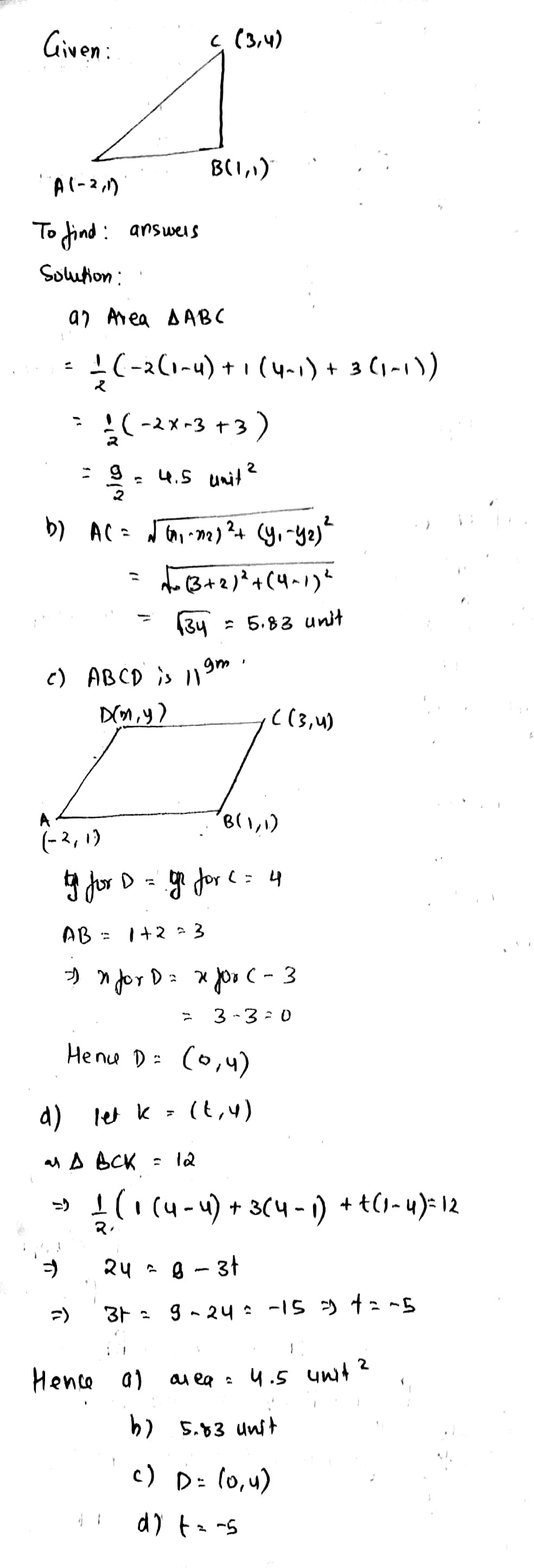 Solved: The diagram shows ( ABC) with vertices (A(-2, 1)), (B(1,1)) and (C(3,4)) (i) Find the ...