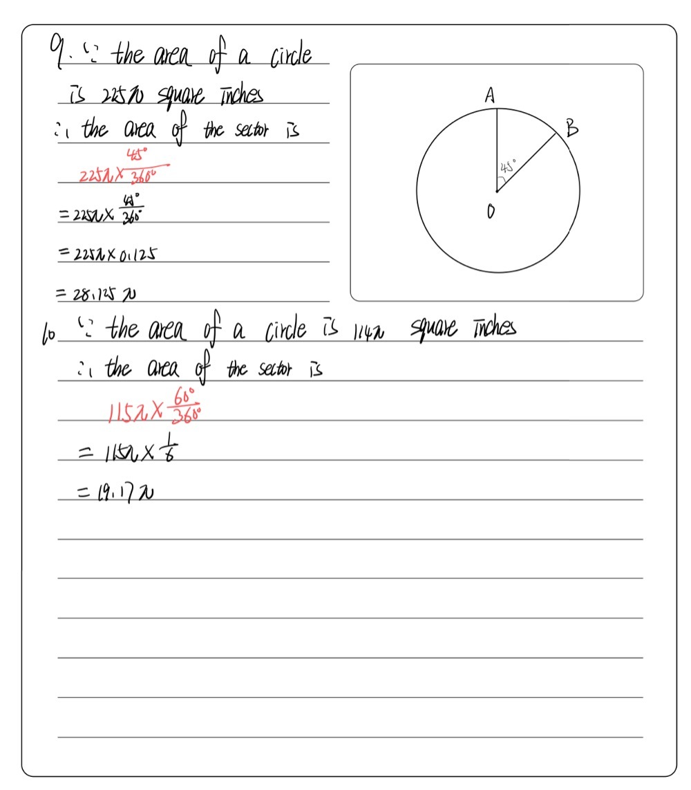 Solved: The area of a circle is 225π square inches. Find the area of ...