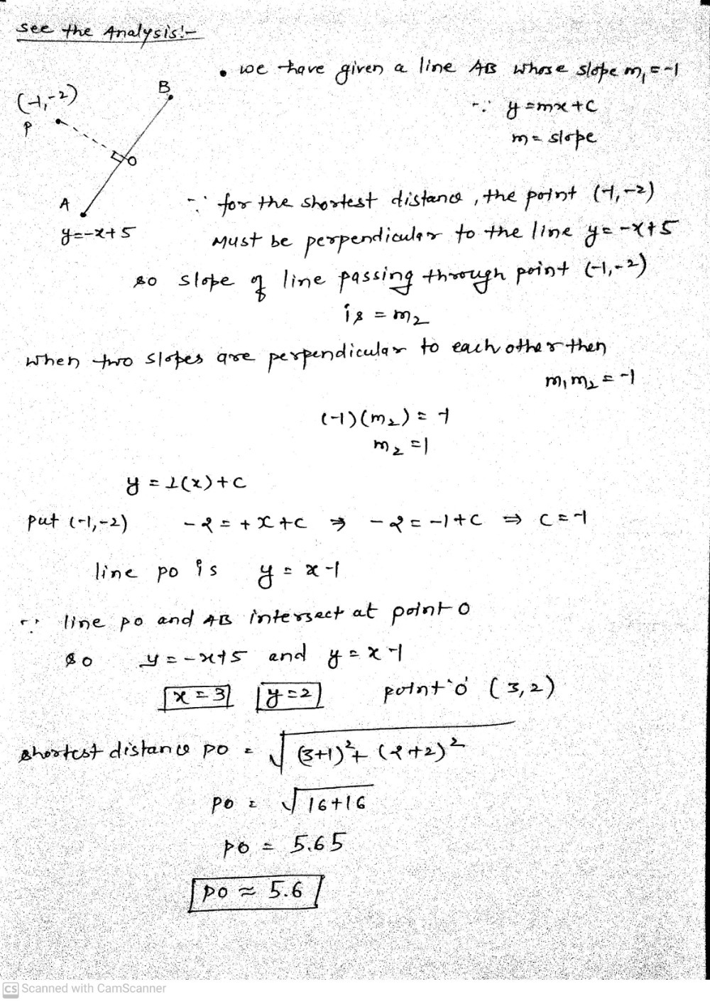 Solved: Calculate the shortest distance between the line y=-x+5 and the ...