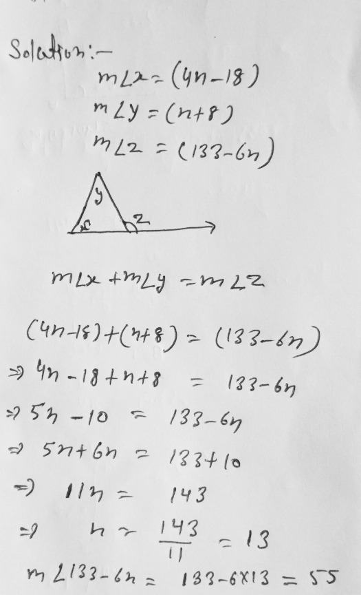 Solved: Find the measure of the remote exterior angle. m∠ x=(4n-18 ...
