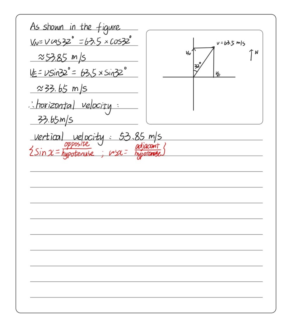 Solved: A plane moves with a velocity of 63.5 m/s at 32 degrees South ...