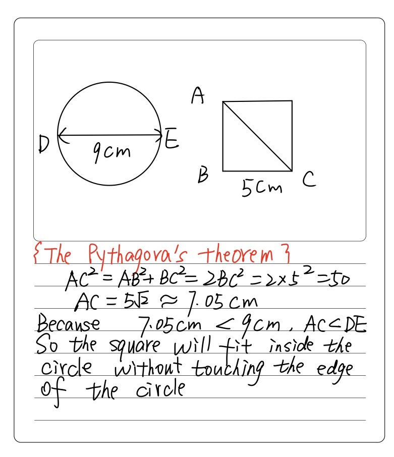 Solved: A circle has diameter 9 cm A square has side length 5 cm Use ...