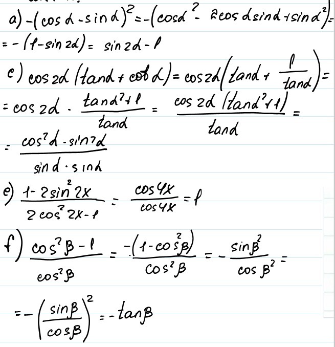Solved: Prove each identity. a -(cos alpha -sin alpha )^2=sin 2alpha -1 ...