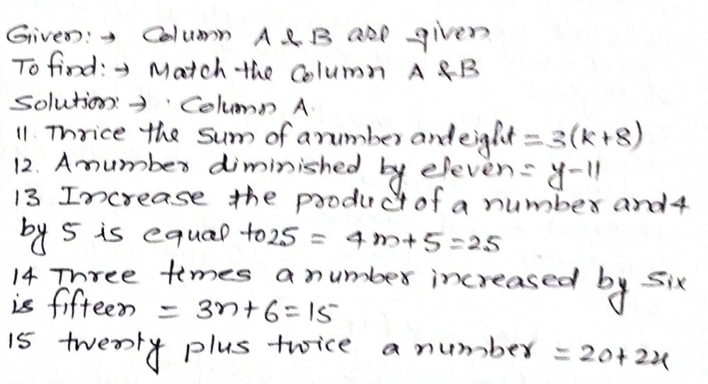 Solved: Match the phrases in column A with their equivalent Algebraic ...