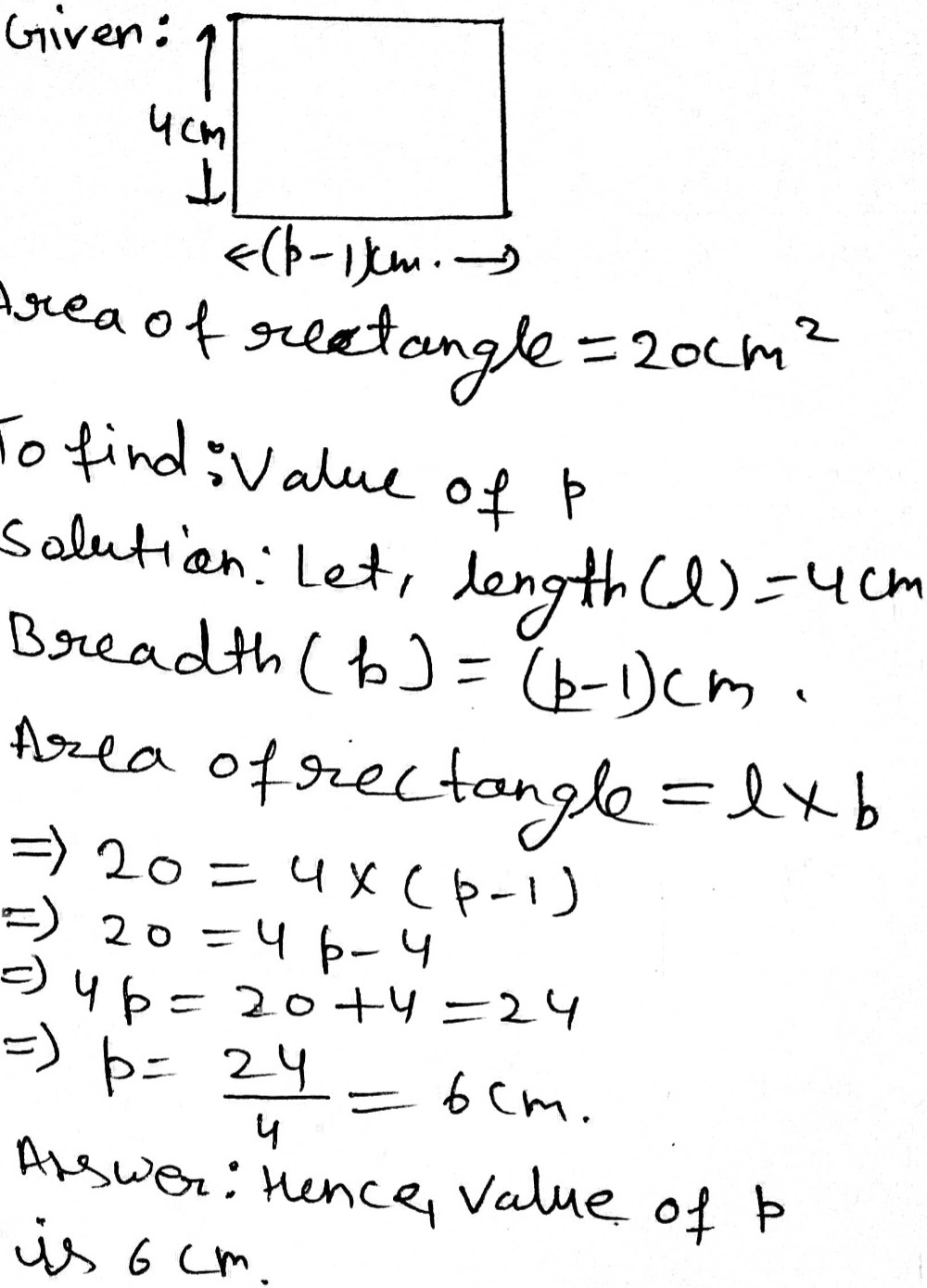 Solved: The area of the rectangle is 20cm^2. What is p in centimetres ...