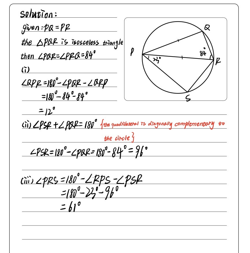 Solved: In the diagram P, Q, R and S are points lying on a circle PQ=PR ...