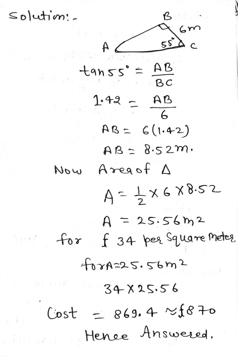 Solved: A right angle triangular patio with the dimensions shown ...
