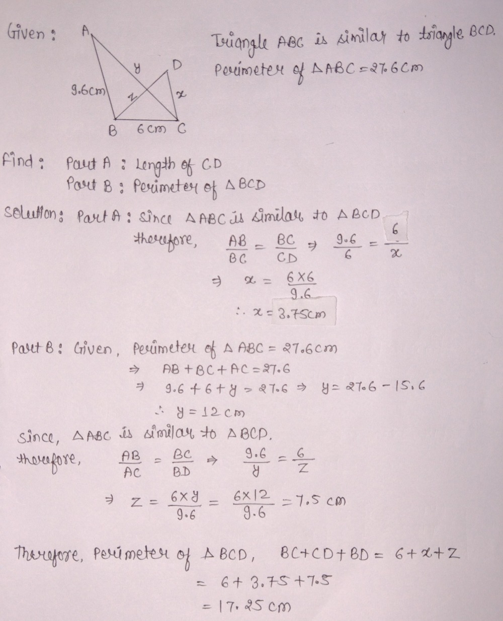 Solved: Triangle ABC is similar to triangle BCD. Part A What is the length of overline CD ? 1.6 ...
