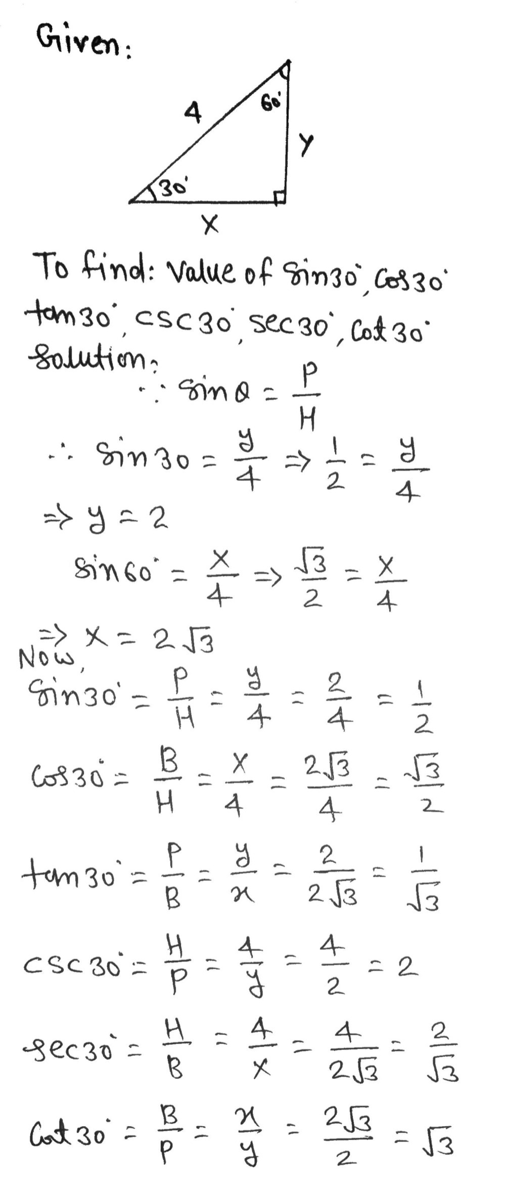 Solved: sin 30°= _ cos 30°=- _ tan 30°= _ csc 30°= _ sec 30°= _ cot 30 ...