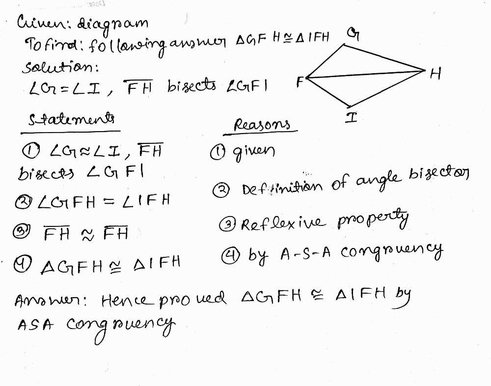 Solved: Given: ∠ G=∠ I; overline FH bisects ∠ GFI Prove: GFH≌ IFH Table ...
