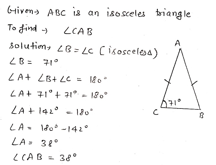 Solved: This is an isosceles triangle. What is the size of angle CAB? Give your answer in ...