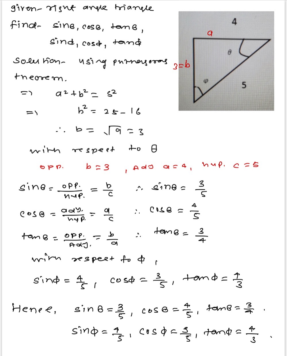 Solved: For a triangle given, find sin θ , cos θ , tan θ , sin phi ...
