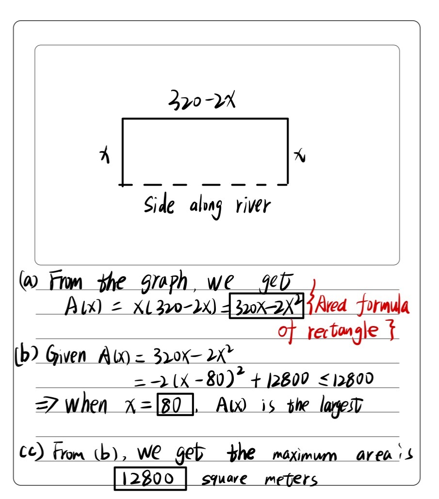 Solved: Salma has 320 meters of fencing and wishes to form three sides ...