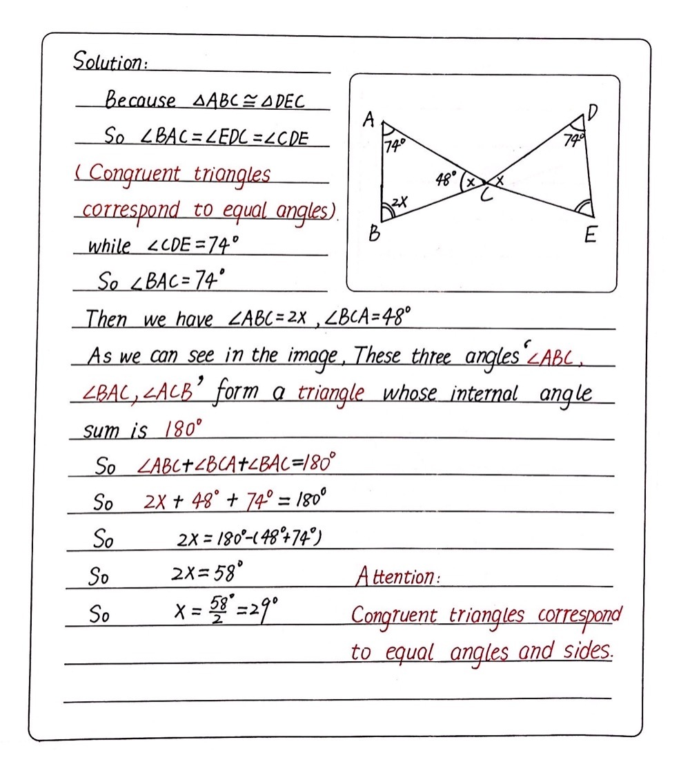 Solved: If ABC≌ DEC, ∠ ABC=2x, ∠ BCA=48° , and ∠ CDE=74° x=[?] [Math]