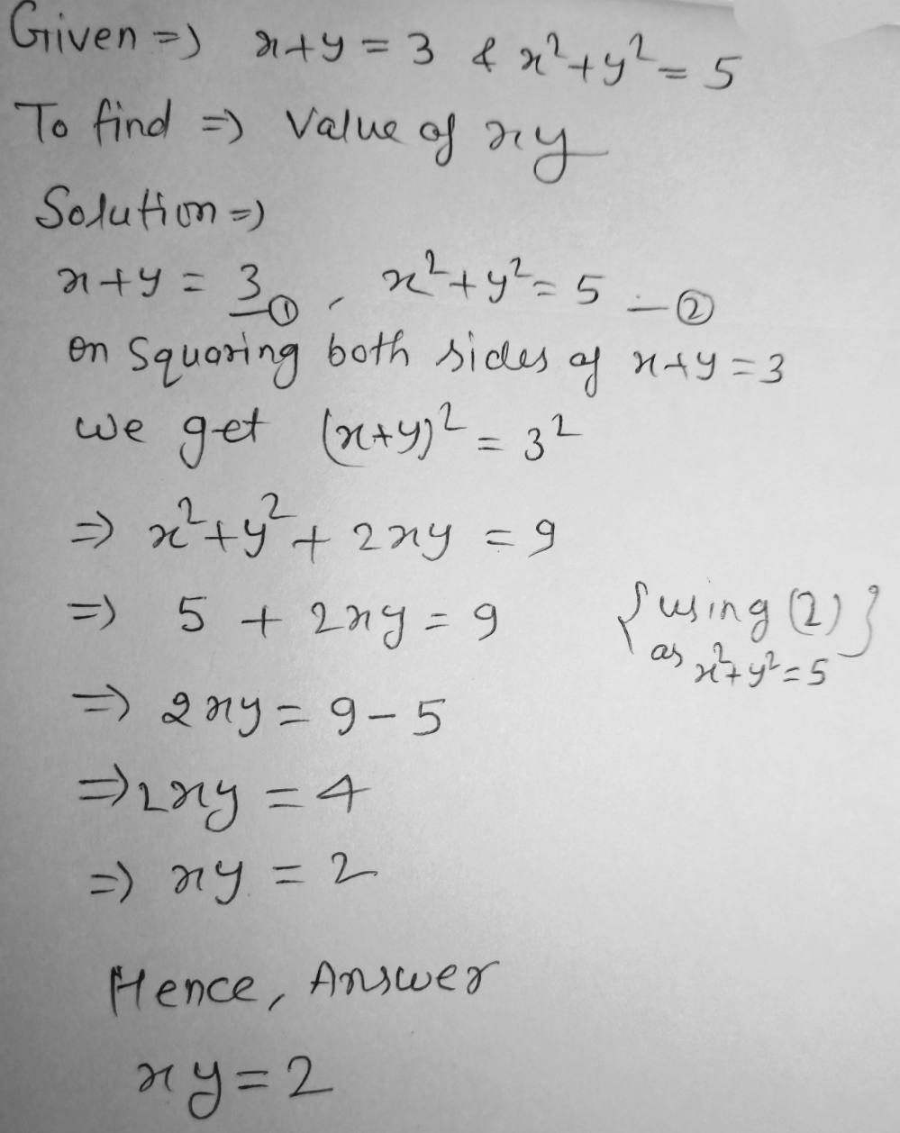 If X y 3 X2 y2 5 Then Xy Is A Gauthmath