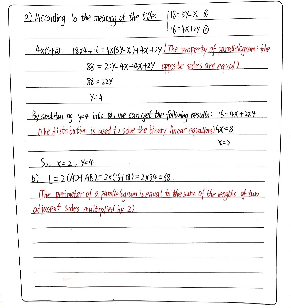 Solved: 2. []ABCD below is a parallelogram with |DC|=5y-x, |BC|=4x+2y ...