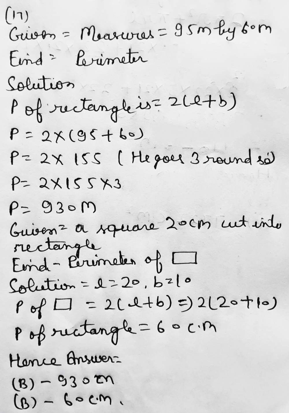 Solved: Dan jogs around a rectangular park which 1 point measures 95 m ...