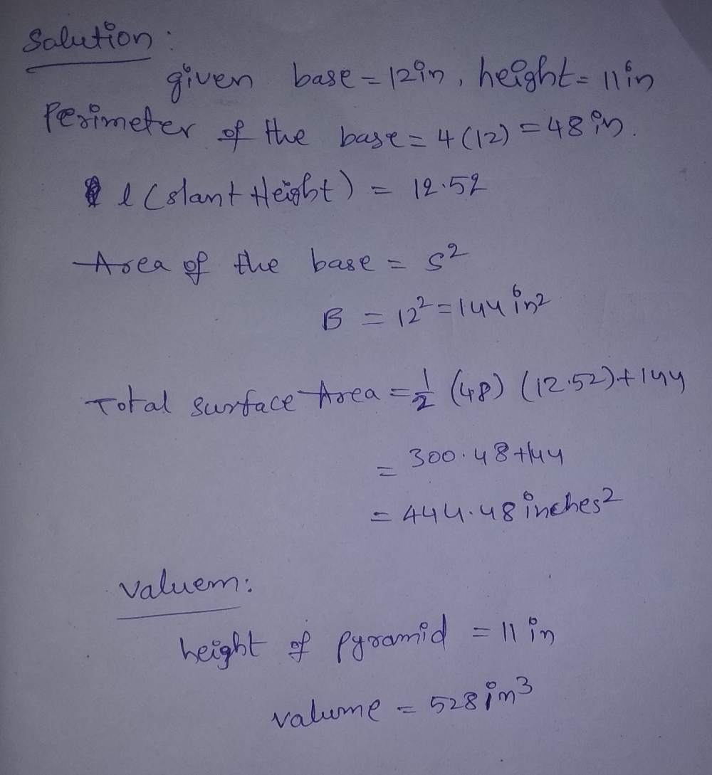 Solved: Surface Area Perimeter of the Base: I(Slant Height) : Area of ...