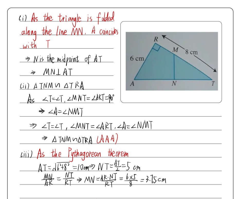 Solved: RAT is a right-angled triangle with Ahat RT=90°, RA=6cm and RT=8cm. If the triangle is ...