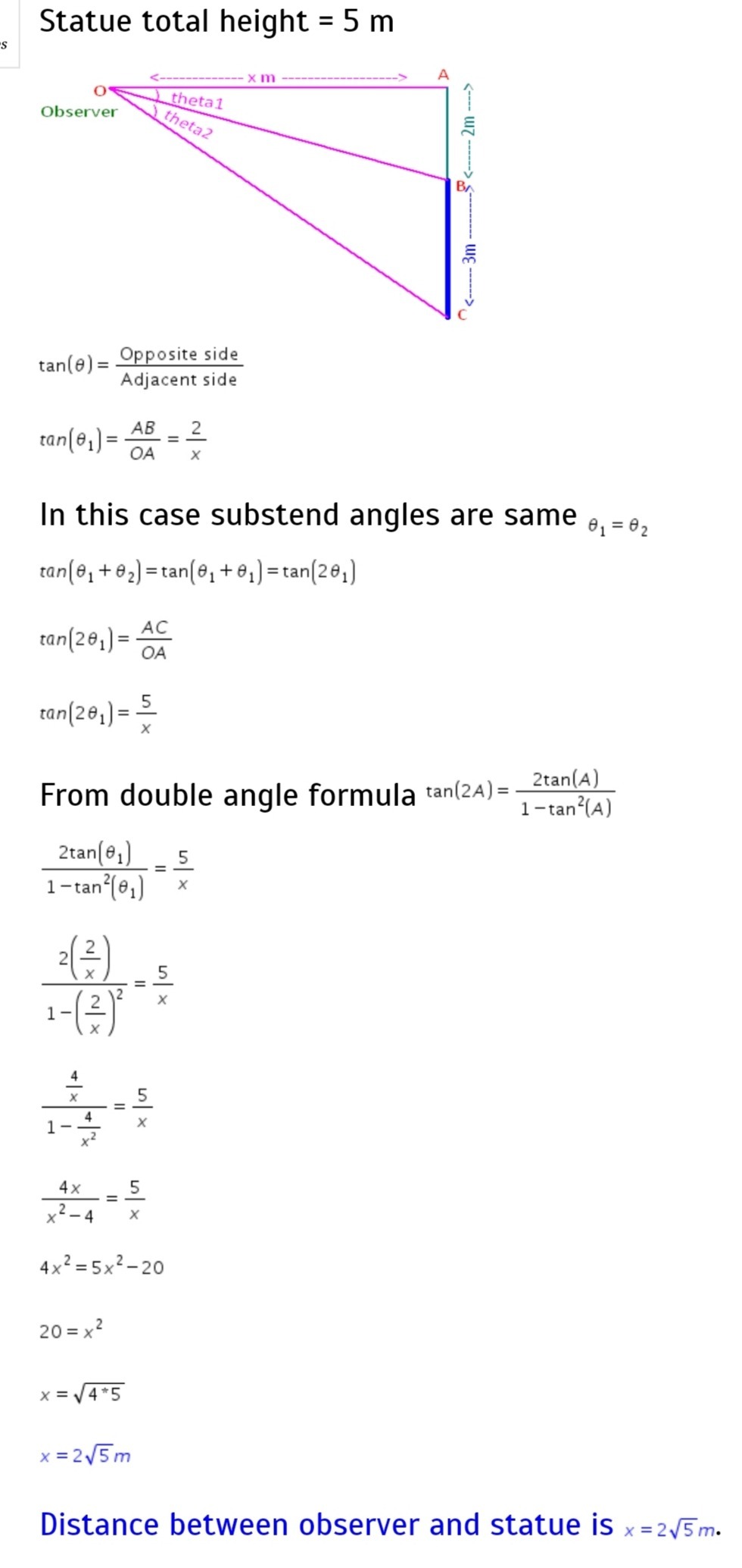 Solved: A statue 2 meters high stands on a column that is 3 meters high ...