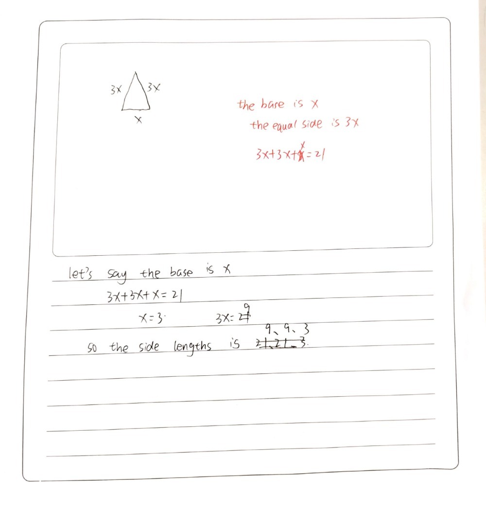 Solved: The perimeter of an isosceles triangle is 21 cm. The length of ...
