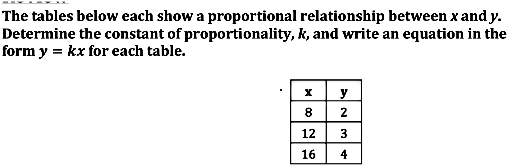 Solved: The tables below each show a proportional relationship between x and y. Determine the ...