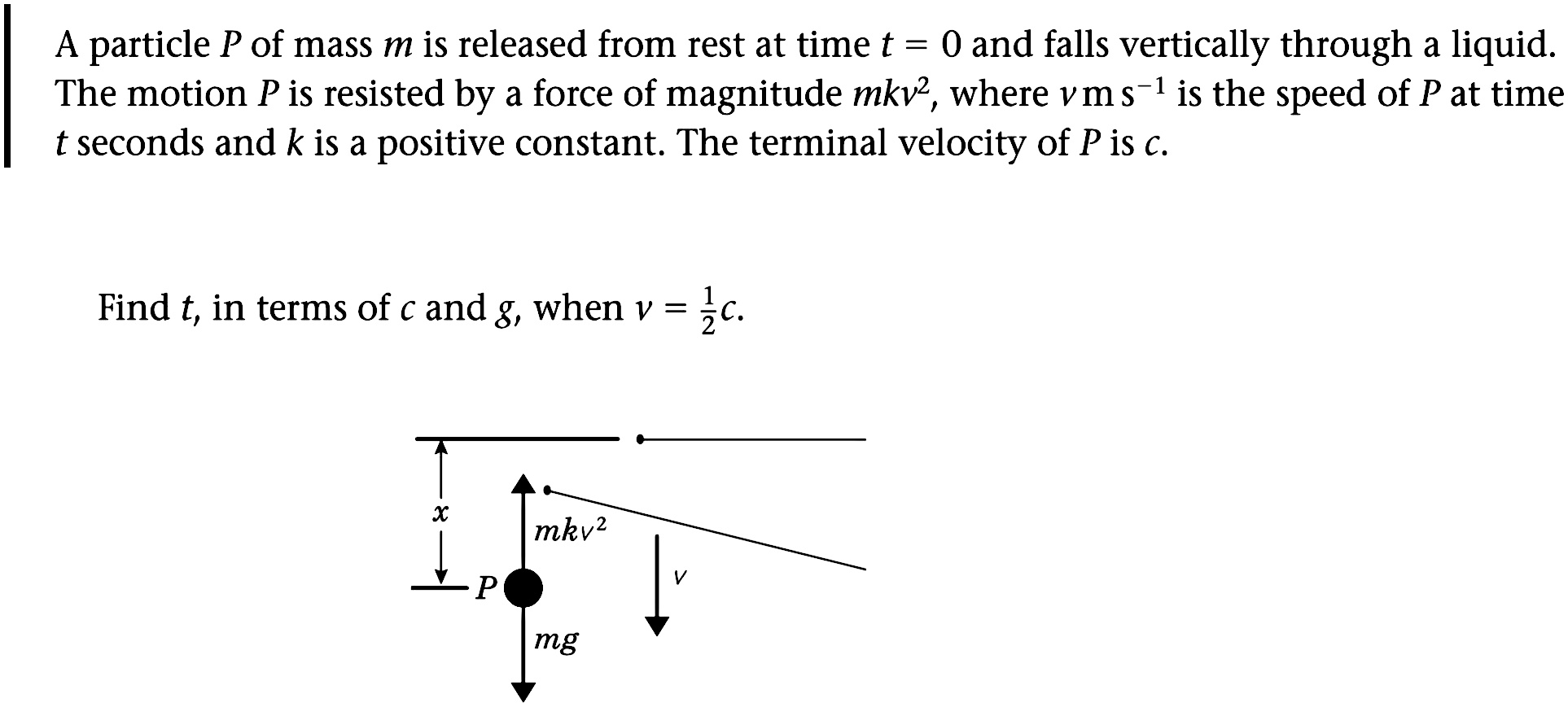 Solved: A particle P of mass m is released from rest at time t=0 and falls vertically through a ...