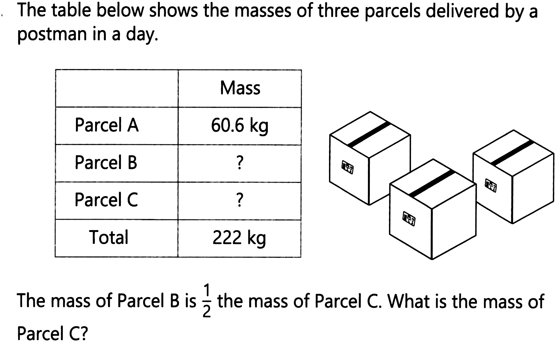 Solved: The table below shows the masses of three parcels delivered by ...