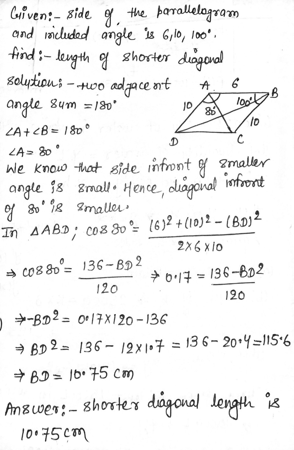 Solved: If the side of the parallelogram and an include angle are 6, 10 ...