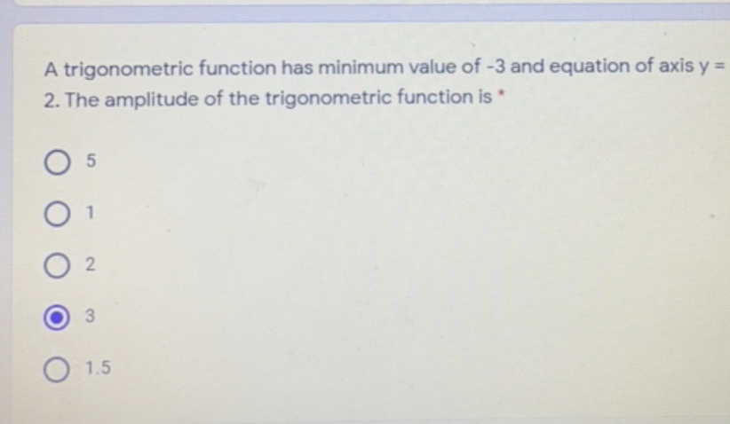 Solved: A trigonometric function has minimum value of -3 and equation of axis y= 2. The ...