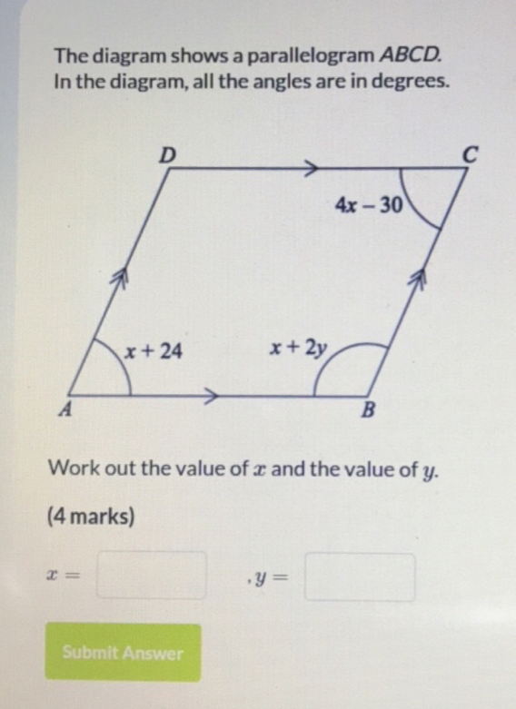 Solved: The diagram shows a parallelogram ABCD. In the diagram, all the angles are in degrees ...