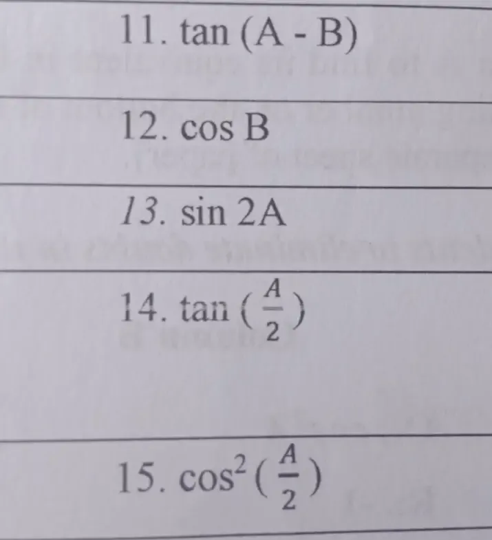 Solved: 11. tan A-B 12. cos B 13. sin 2A 14. tan A/2 15. cos 2 A/2 [Math]
