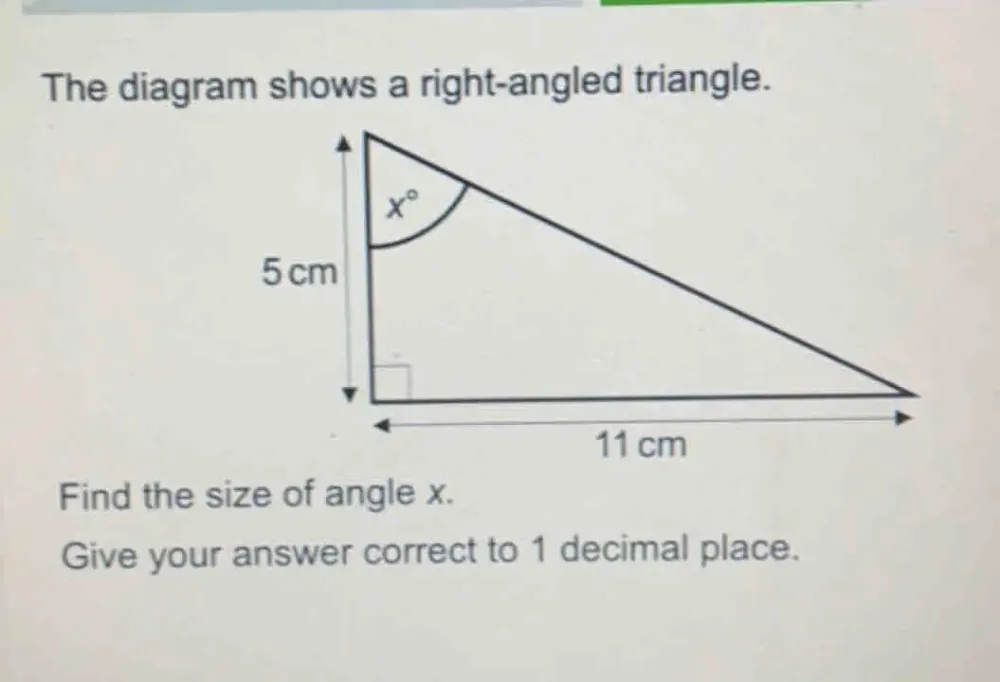 Solved: The diagram shows a right-angled triangle. Find the size of angle x. Give your answer ...