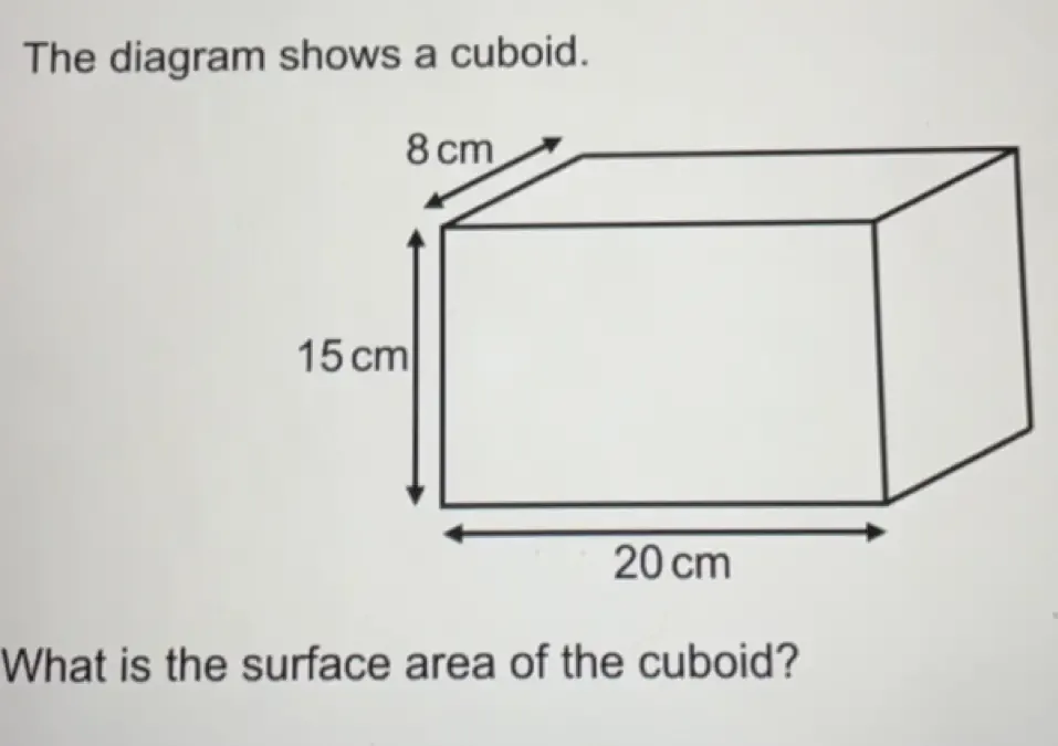 Solved: The diagram shows a cuboid. What is the surface area of the ...