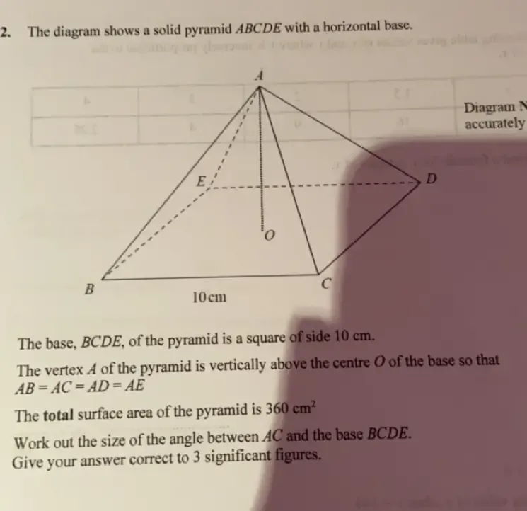 Solved: The diagram shows a solid pyramid ABCDE with a horizontal base. Diagram N accurately The ...
